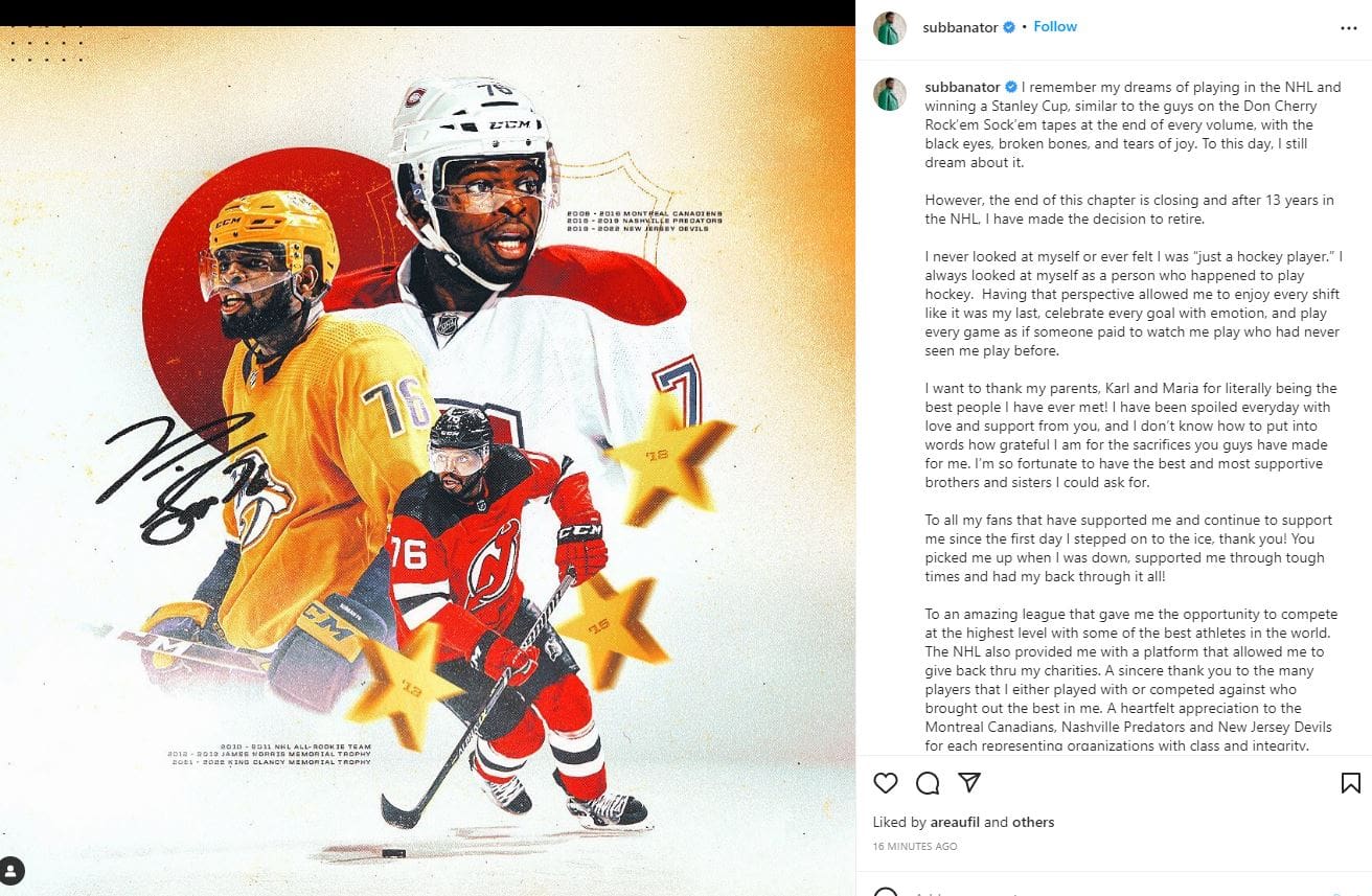 P.K. Subban Leaves Heartfelt Retirement Message To Fans